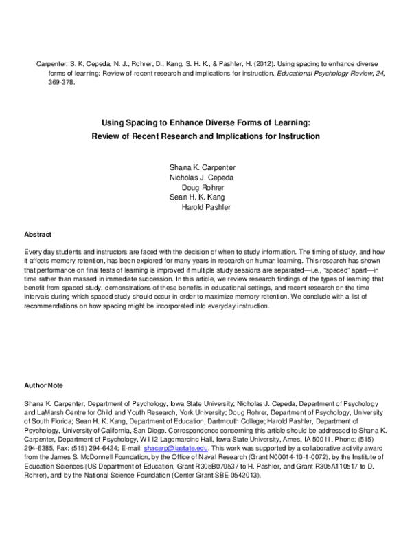(PDF) Using Spacing to Enhance Diverse Forms of Learning: Review of ...