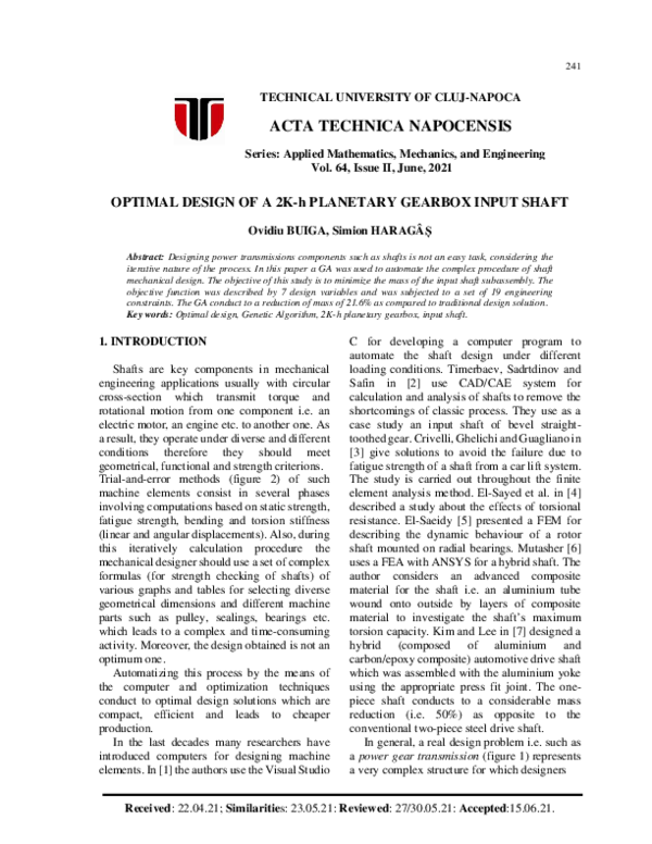(PDF) OPTIMAL DESIGN OF A 2K-h PLANETARY GEARBOX INPUT SHAFT