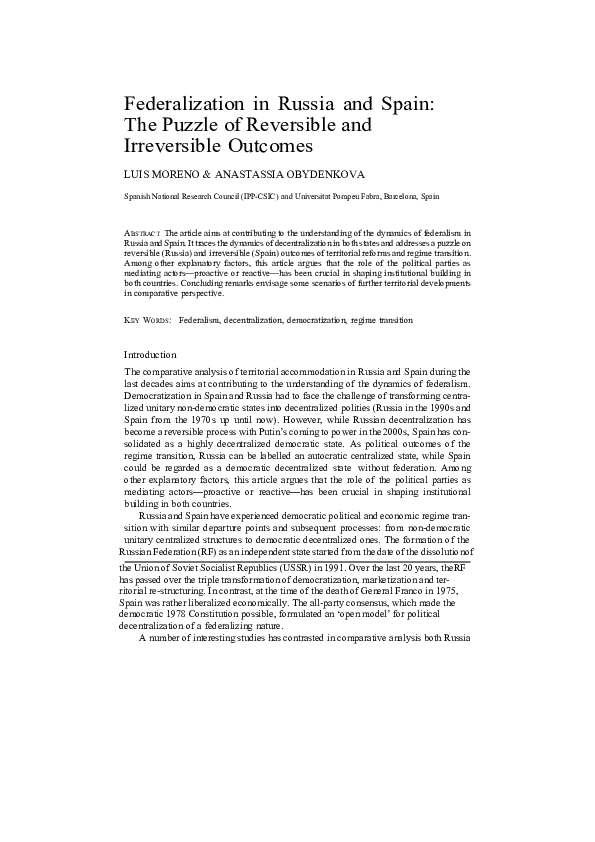 (PDF) Federalization in Russia and Spain: The Puzzle of Reversible and ...