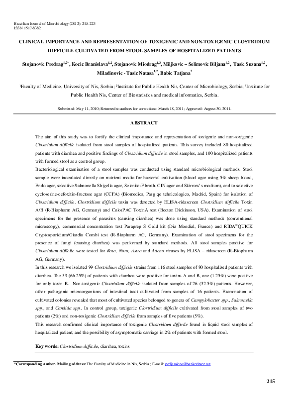 Pdf Clinical Importance And Representation Of Toxigenic And Non Toxigenic Clostridium