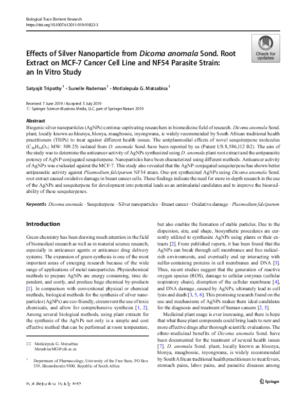 (PDF) Effects of Silver Nanoparticle from Dicoma anomala Sond. Root ...