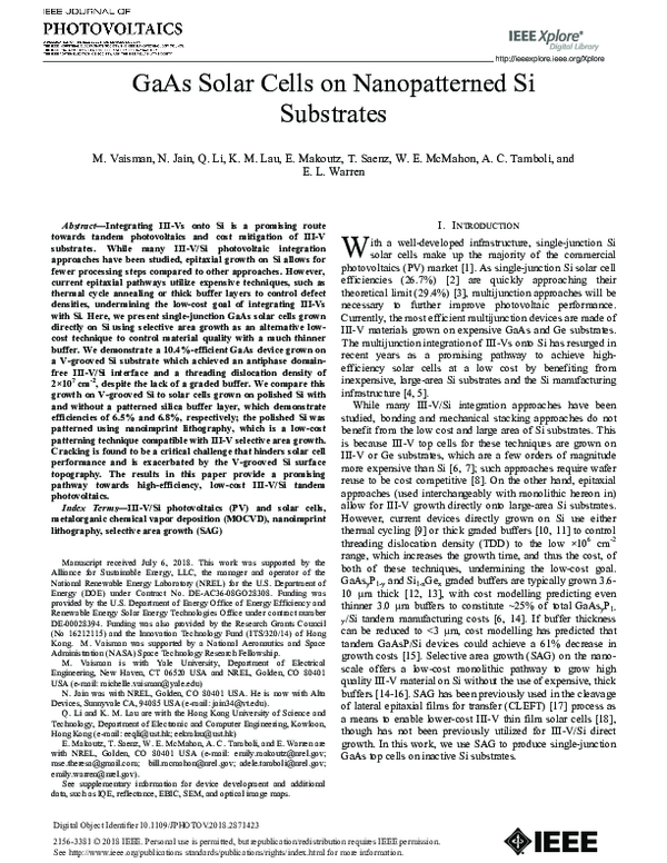 (PDF) GaAs Solar Cells on Nanopatterned Si Substrates
