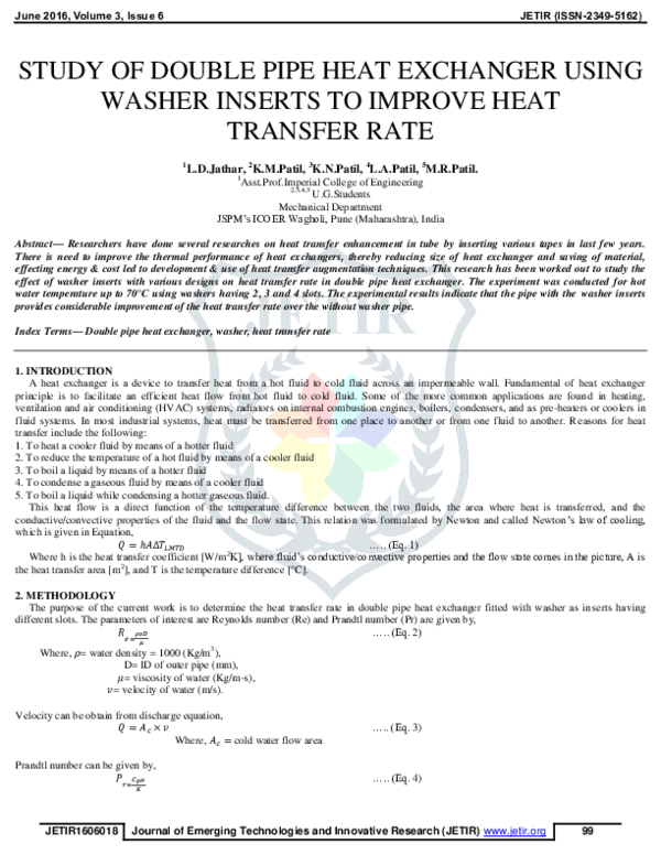 (PDF) Study of Double Pipe Heat Exchanger Using Washer Inserts to Improve Heat Transfer Rate