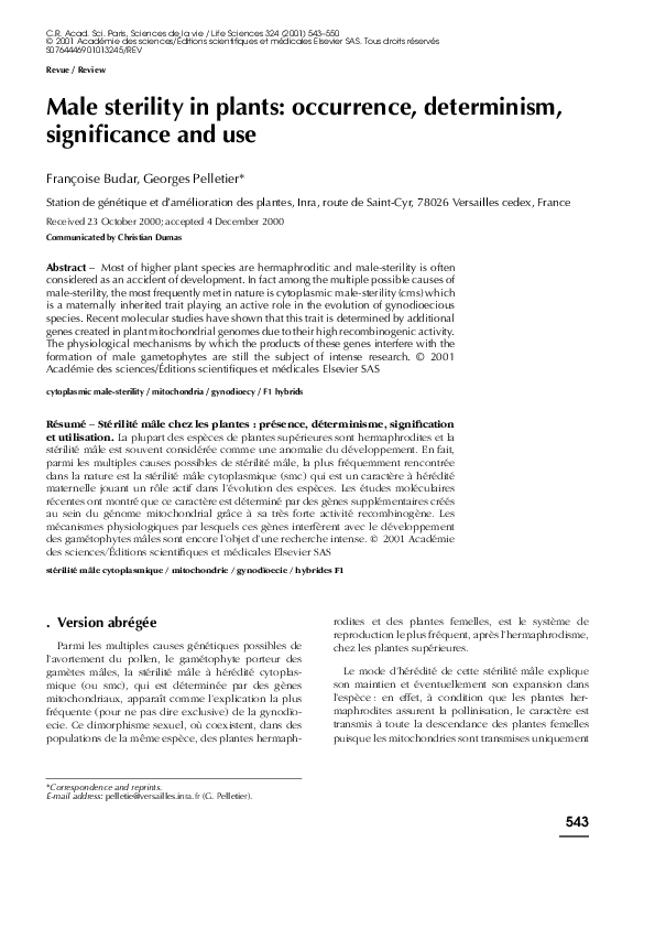 (PDF) Male sterility in plants: occurrence, determinism, significance ...