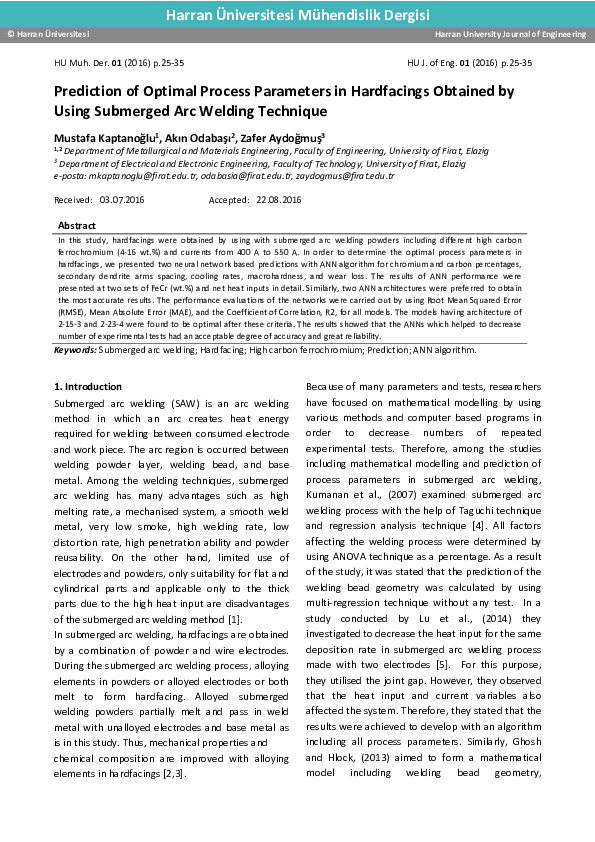(PDF) Prediction of Optimal Process Parameters in Hardfacings Obtained by Using Submerged Arc ...