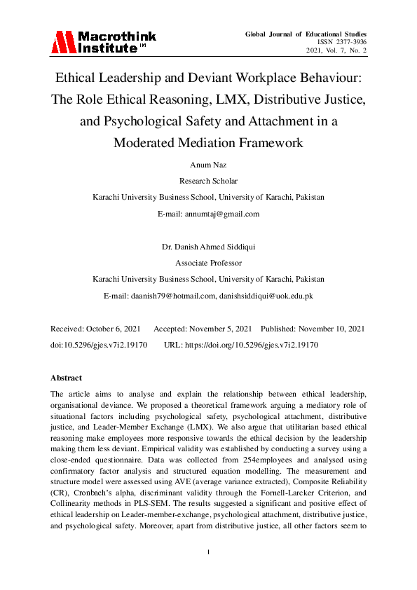 (PDF) Ethical Leadership and Deviant Workplace Behaviour: The Role Ethical Reasoning, LMX ...