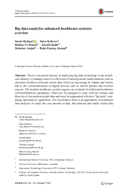 Pdf Big Data Analytics Enhanced Healthcare Systems A Review Sarah