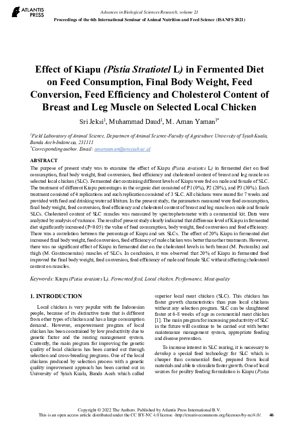 (PDF) Effect of Kiapu (Pistia Stratiotel L ) in Fermented Diet on Feed ...
