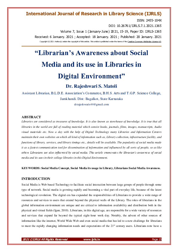 (PDF) "Librarian's Awareness about Social Media and its use in ...