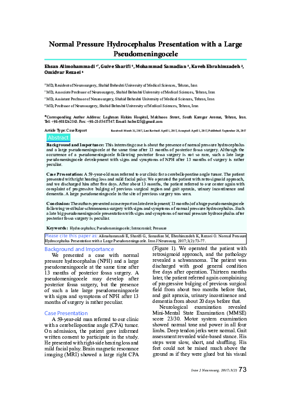 (PDF) Normal Pressure Hydrocephalus Presentation with a Large Pseudomeningocele