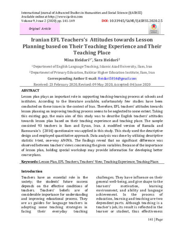 (PDF) Iranian EFL Teachers’s Attitudes towards Lesson Planning based on ...