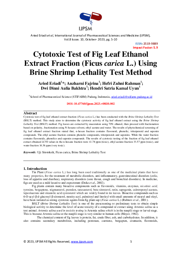(PDF) Cytotoxic Test of Fig Leaf Ethanol Extract Fraction (Ficus carica ...