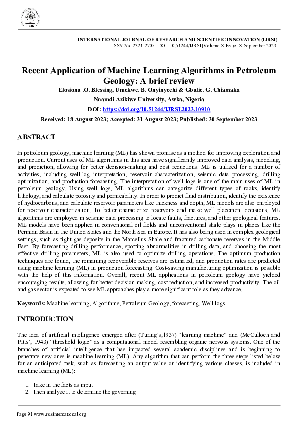 (DOC) Recent Application of Machine Learning Algorithms in Petroleum Geology: A brief review