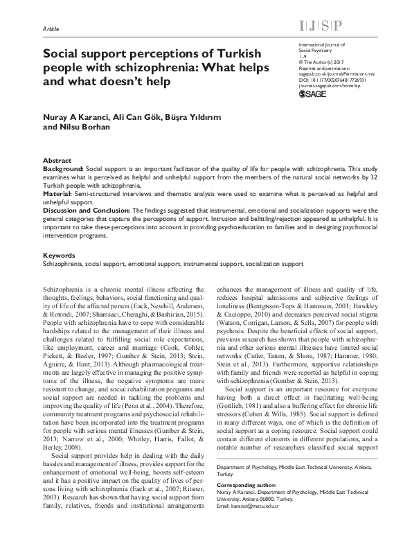 (PDF) Social support perceptions of Turkish people with schizophrenia: What helps and what doesn ...