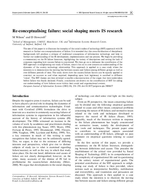 (PDF) Re-conceptualising failure: social shaping meets IS research