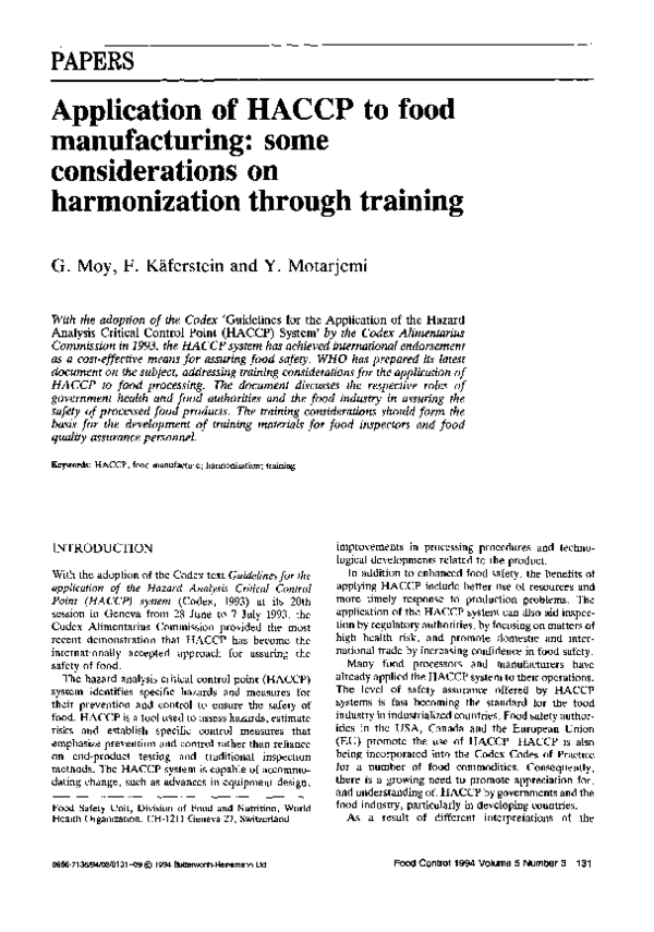 (PDF) Application of HACCP to food manufacturing: some considerations ...