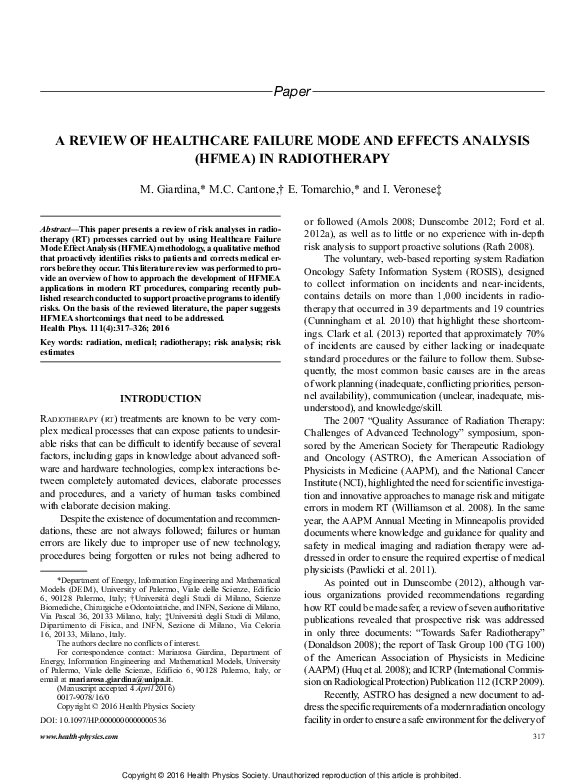 (PDF) Risk Analysis in Radiotherapy: HFMEA Review and Insights