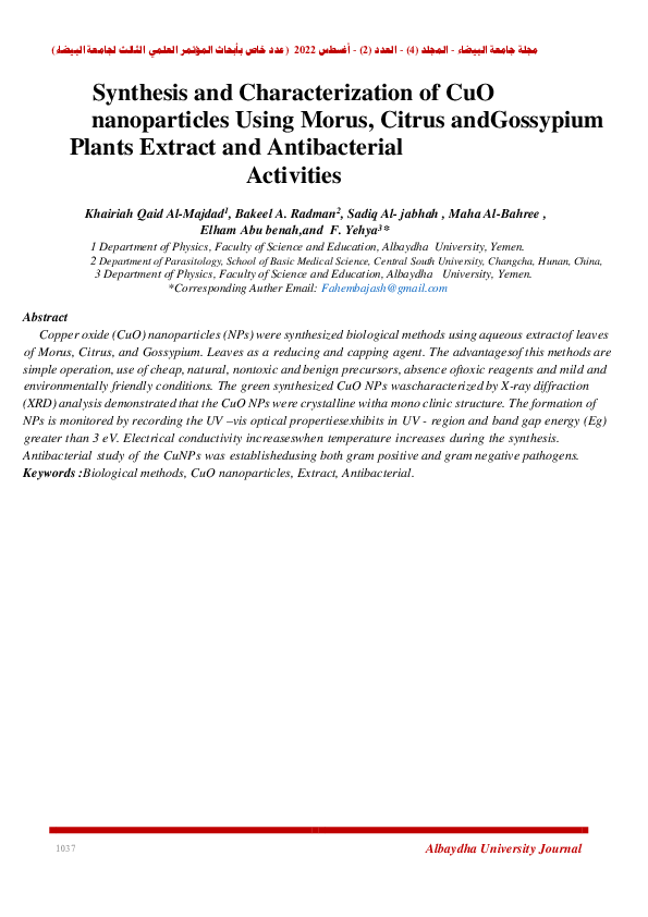 (PDF) Synthesis and Characterization of CuO nanoparticles Using Morus ...