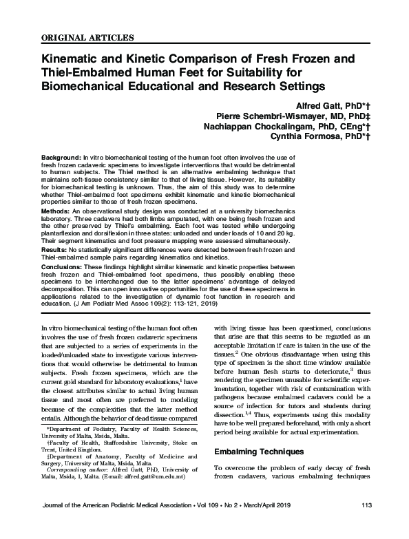 (PDF) Kinematic and Kinetic Comparison of Fresh Frozen and Thiel ...
