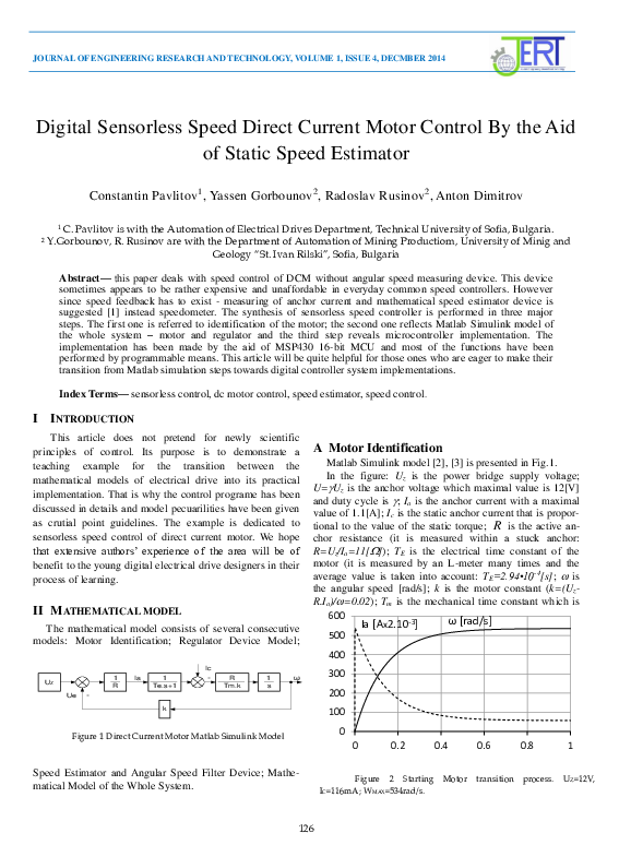 Pdf Digital Sensorless Speed Direct Current Motor Control By The Aid Of Static Speed Estimator