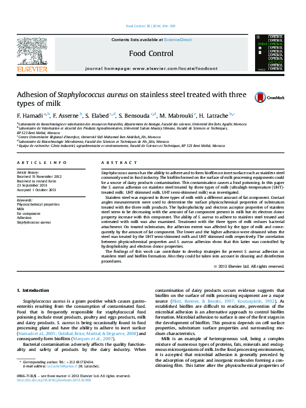 (PDF) Adhesion of Staphylococcus aureus on stainless steel treated with three types of milk