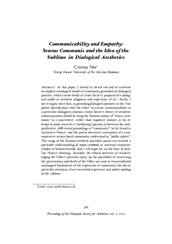 (PDF) Communicability and Empathy: Sensus Communis and the Idea of the Sublime in Dialogical ...