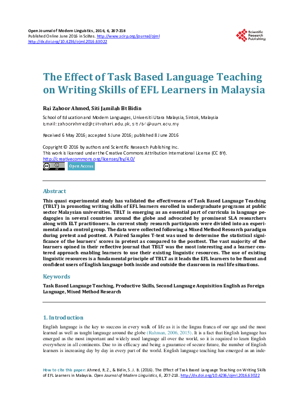 (PDF) The Effect of Task Based Language Teaching on Writing Skills of EFL Learners in Malaysia