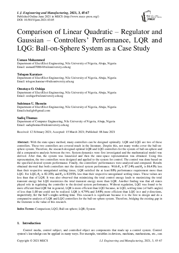 (PDF) Comparison of Linear Quadratic – Regulator and Gaussian – Controllers’ Performance, LQR ...