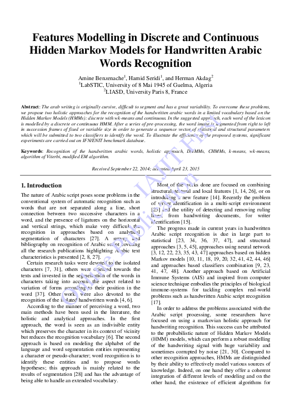 Pdf Features Modelling In Discrete And Continuous Hidden Markov Models For Handwritten Arabic