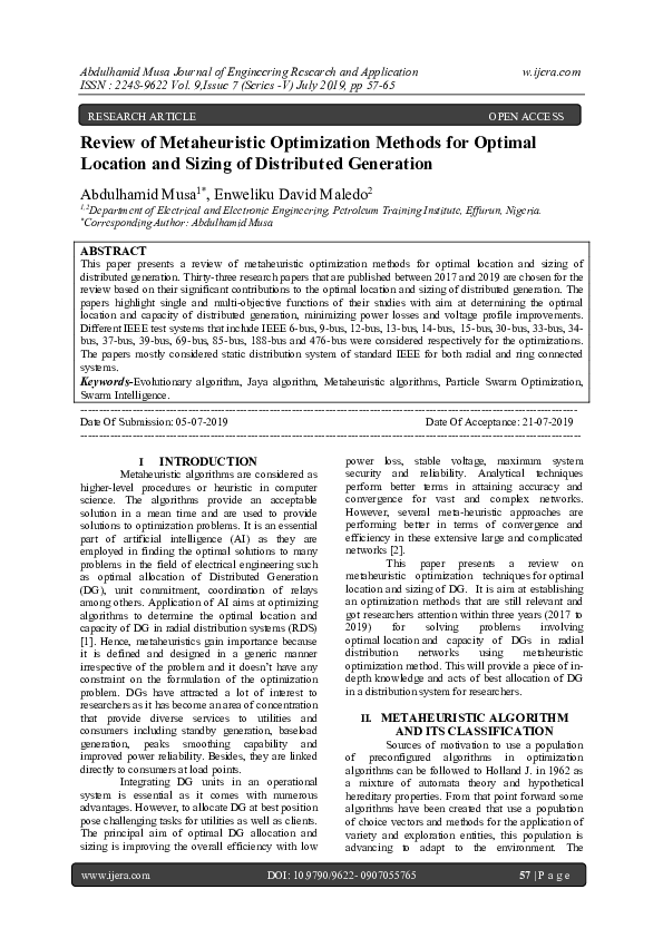 Pdf Review Of Metaheuristic Optimization Methods For Optimal Location And Sizing Of