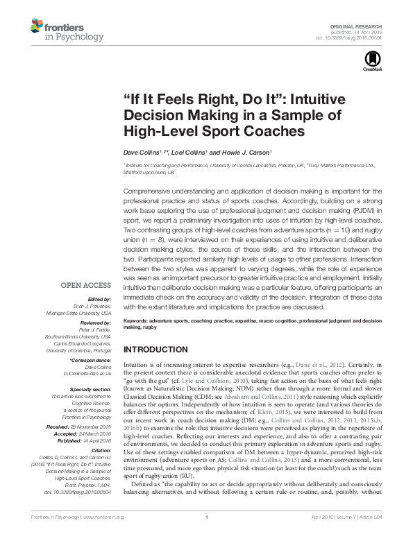 (PDF) “If It Feels Right, Do It”: Intuitive Decision Making in a Sample ...