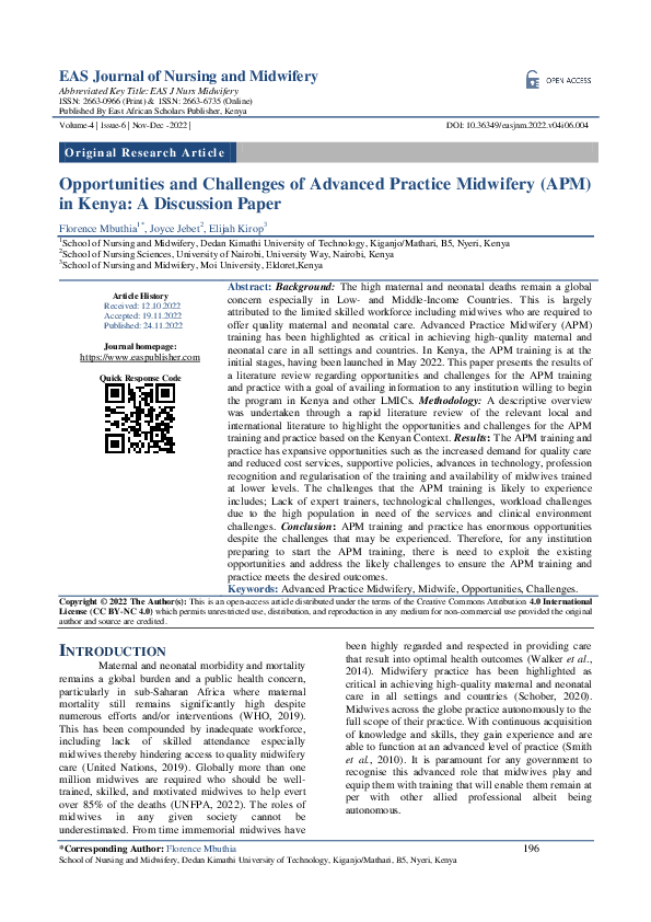 (PDF) Opportunities and Challenges of Advanced Practice Midwifery (APM ...