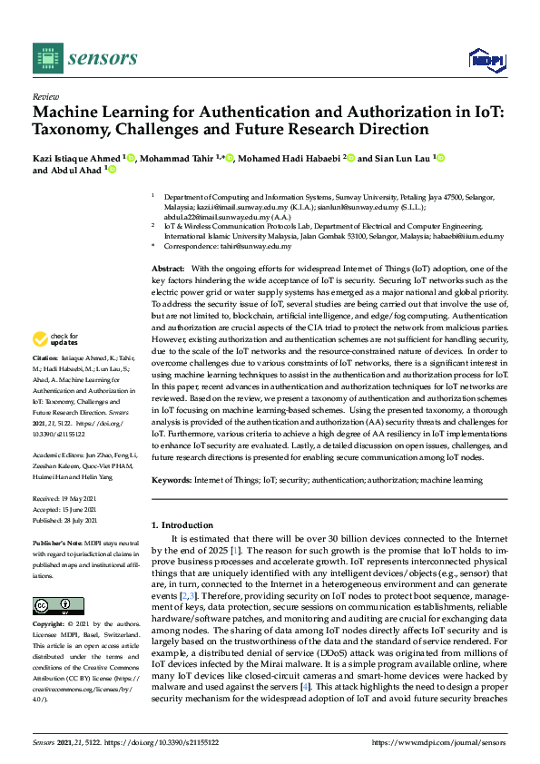 (PDF) Machine Learning for Authentication and Authorization in IoT: Taxonomy, Challenges and ...