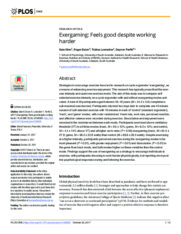 (PDF) Exergaming: Feels good despite working harder | Roger Eston - Academia.edu