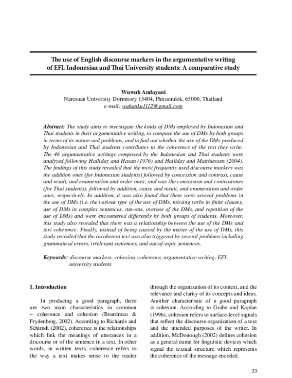 (PDF) The use of English discourse markers in the argumentative writing ...