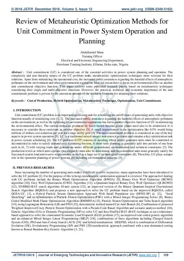 (PDF) Review of Metaheuristic Optimization Methods for Unit Commitment in Power System Operation ...