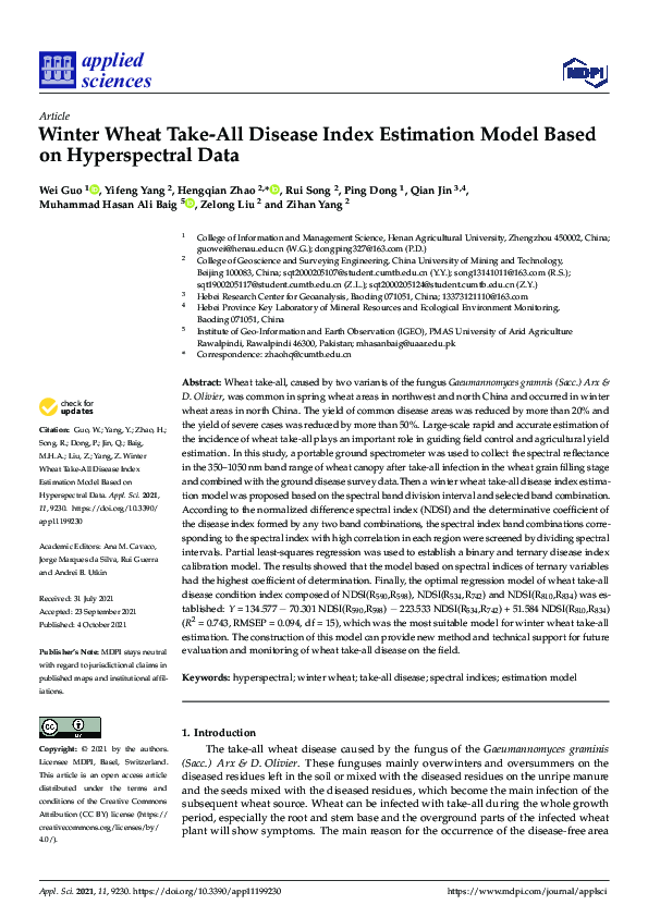 (PDF) Winter Wheat Take-All Disease Index Estimation Model Based on Hyperspectral Data