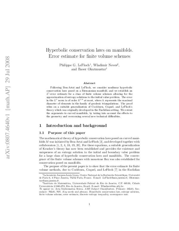 Pdf Hyperbolic Conservation Laws On Manifolds Error Estimate For Finite Volume Schemes