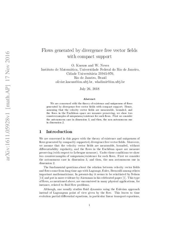 (PDF) Flows generated by divergence free vector fields with compact support