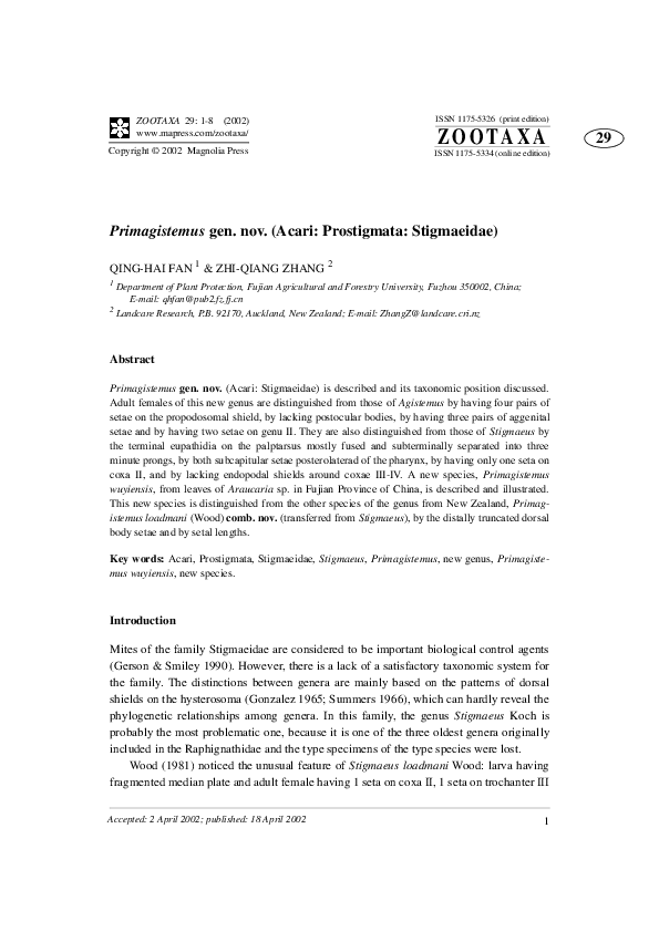 (PDF) Primagistemus gen. nov. (Acari: Prostigmata: Stigmaeidae)