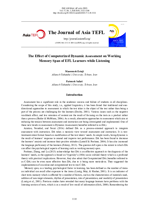 Pdf The Effect Of Computerized Dynamic Assessment On Working Memory Span Of Efl Learners While