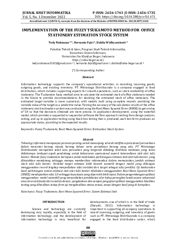 Pdf Implementation Of The Fuzzy Tsukamoto Method For Office Stationery Estimation Stock System 