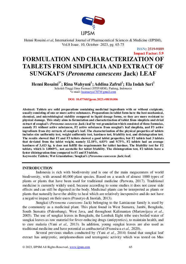 (PDF) FORMULATION AND CHARACTERIZATION OF TABLETS FROM SIMPLICIA AND EXTRACT OF SUNGKAI’S ...