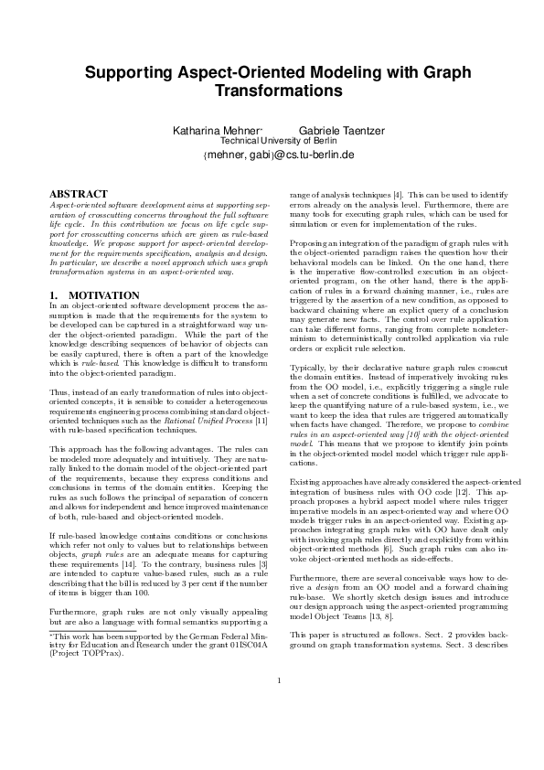 Pdf Supporting Aspect Oriented Modeling With Graph Transformations Katharina Mehner