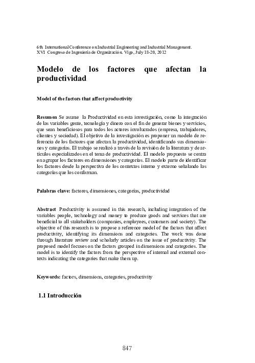 (PDF) Modelo de los productividad factores que afectan la productividad. Model of the factors ...