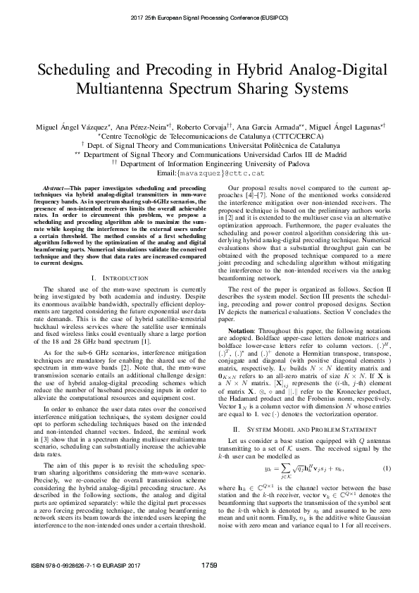 Pdf Scheduling And Precoding In Hybrid Analog Digital Multiantenna Spectrum Sharing Systems