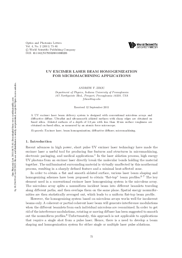 (PDF) Uv Excimer Laser Beam Homogenization for Micromachining Applications
