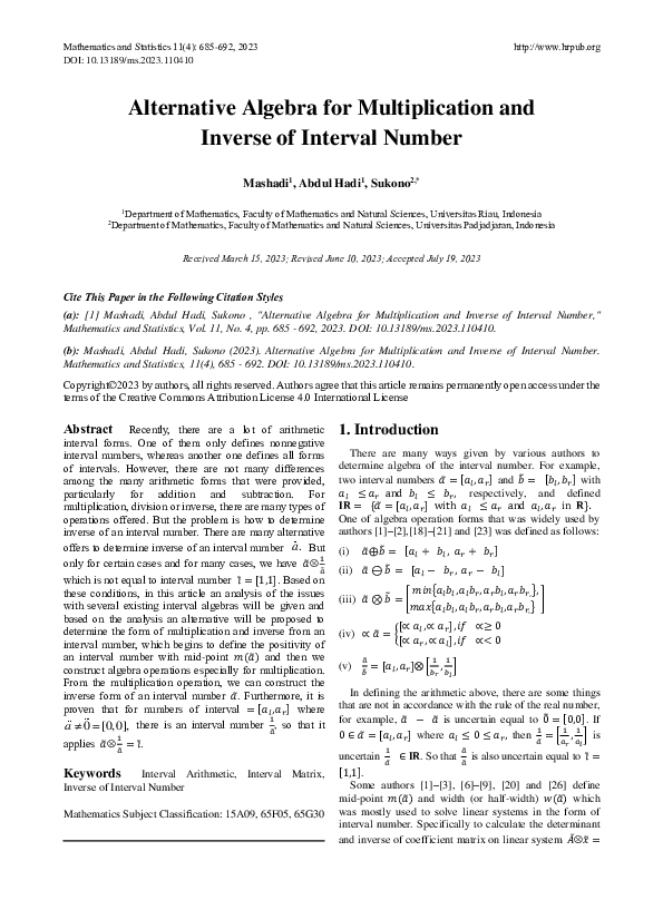 (PDF) Alternative Algebra for Multiplication and Inverse of Interval ...