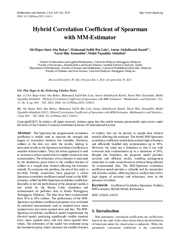 Pdf Hybrid Correlation Coefficient Of Spearman With Mm Estimator