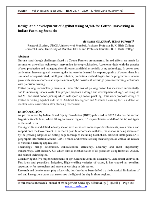 (PDF) Design and development of Agribot using AI/ML for Cotton ...